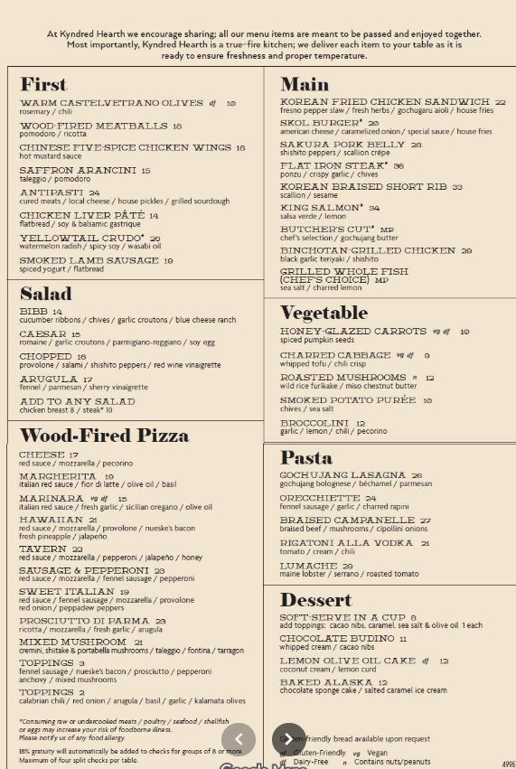 Kyndred Hearth Restaurant Menu | Burgers, Pizza & Pasta in Eagan